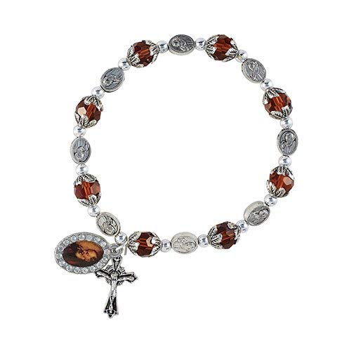 Saint St Pio Padre Pio Bracelet Amber Crystal 8mm Crystal Bead, Silver Plate Epoxy/Elastic 4 PACK - Avalon Gallery YC146