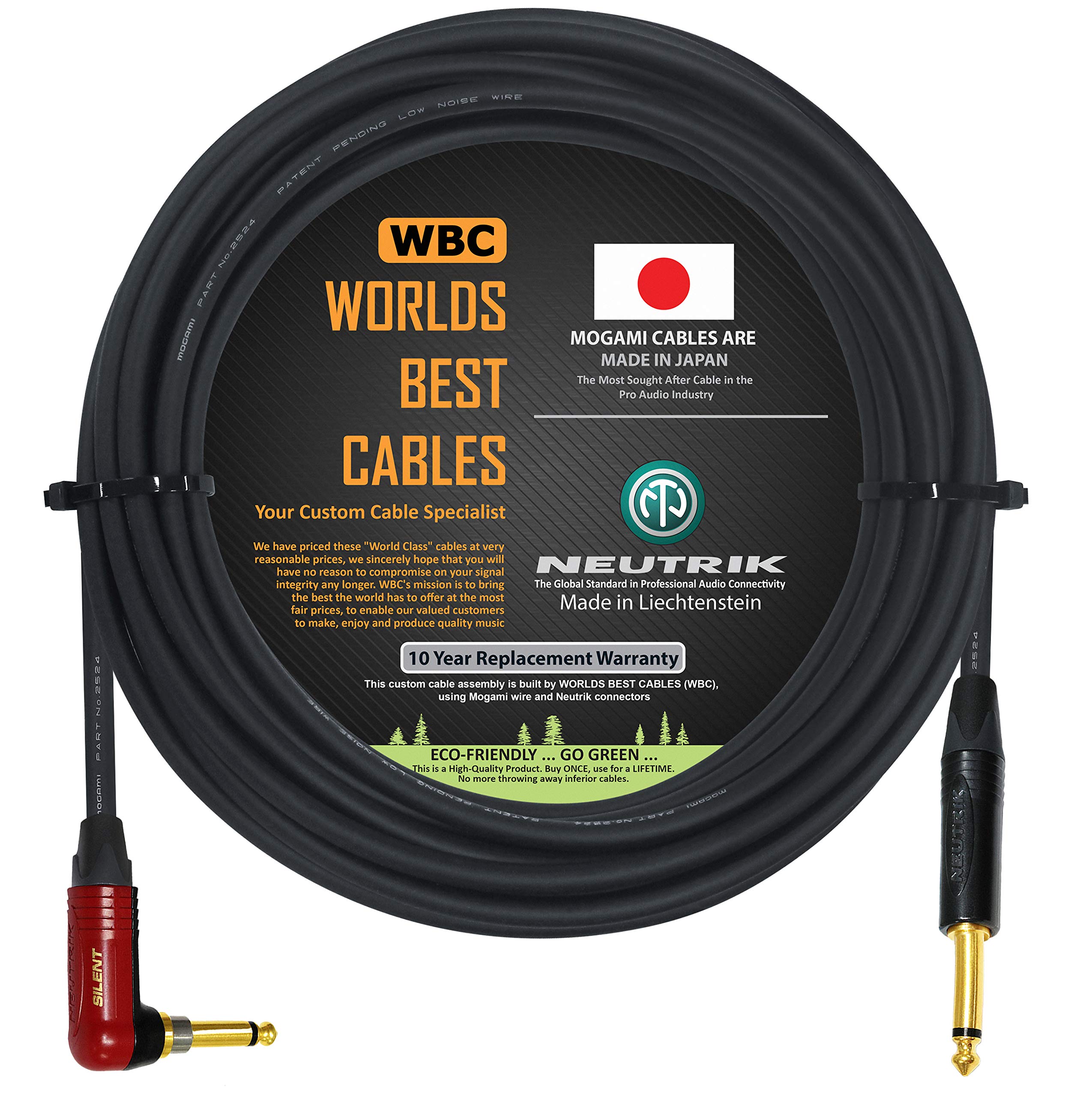 WORLDS BEST CABLES 25 Foot - Guitar Bass Instrument Cable Custom Made Using Mogami 2524 Wire and Neutrik NP2RX-AU-SILENT & Neutrik NP2X-B Âź Inch (6.35mm) TS Plugs