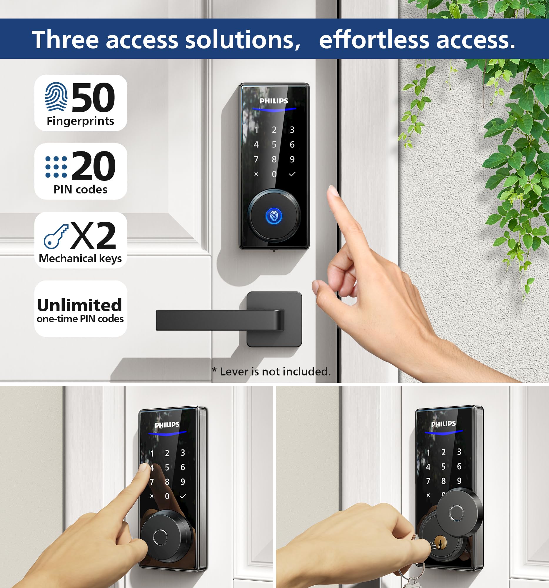 Philips Fingerprint Door Lock, Keyless Entry Door Lock, Electronic Door Lock, Touchscreen Keypad Deadbolt - Easy Installation and Set up - Satin Nickel