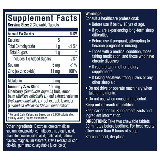 Vicks Immunity ZZZs, Elderberry, Melatonin, and Antioxidant Zinc, Immune Support, Naturally Fall Asleep, 28 Chewable Tablets (chewables, 28)