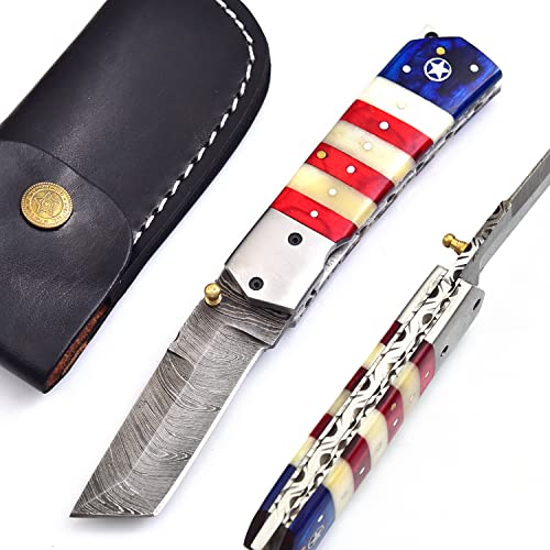 W Trading Custom Hand Made Damascus Steel Blade Gorgeous Folding Hunting Knife AMERCIAN FLAG, Liner Lock with Leather Pouch. ZE-5125-AF
