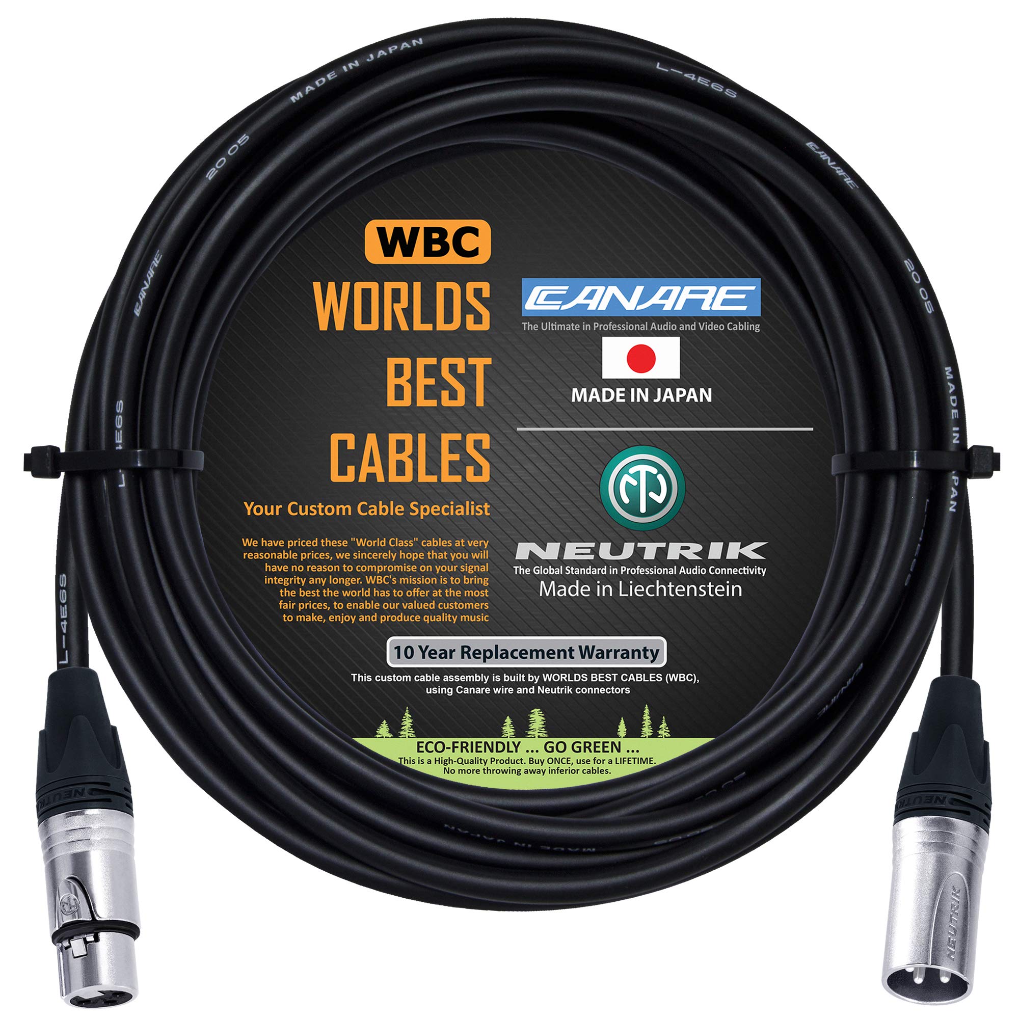 WORLDS BEST CABLES 50 Foot – Quad Balanced Microphone Cable CUSTOM MADE using Canare L-4E6S wire and Neutrik Silver NC3MXX Male & NC3FXX Female XLR Plugs