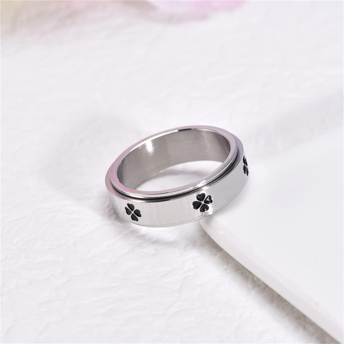 yomlry Fidget Ring Stainless Steel Four-leaf Clover Spinner Ring for Anxiety Stress Relieving Rotating Ring for Men Women clover 9