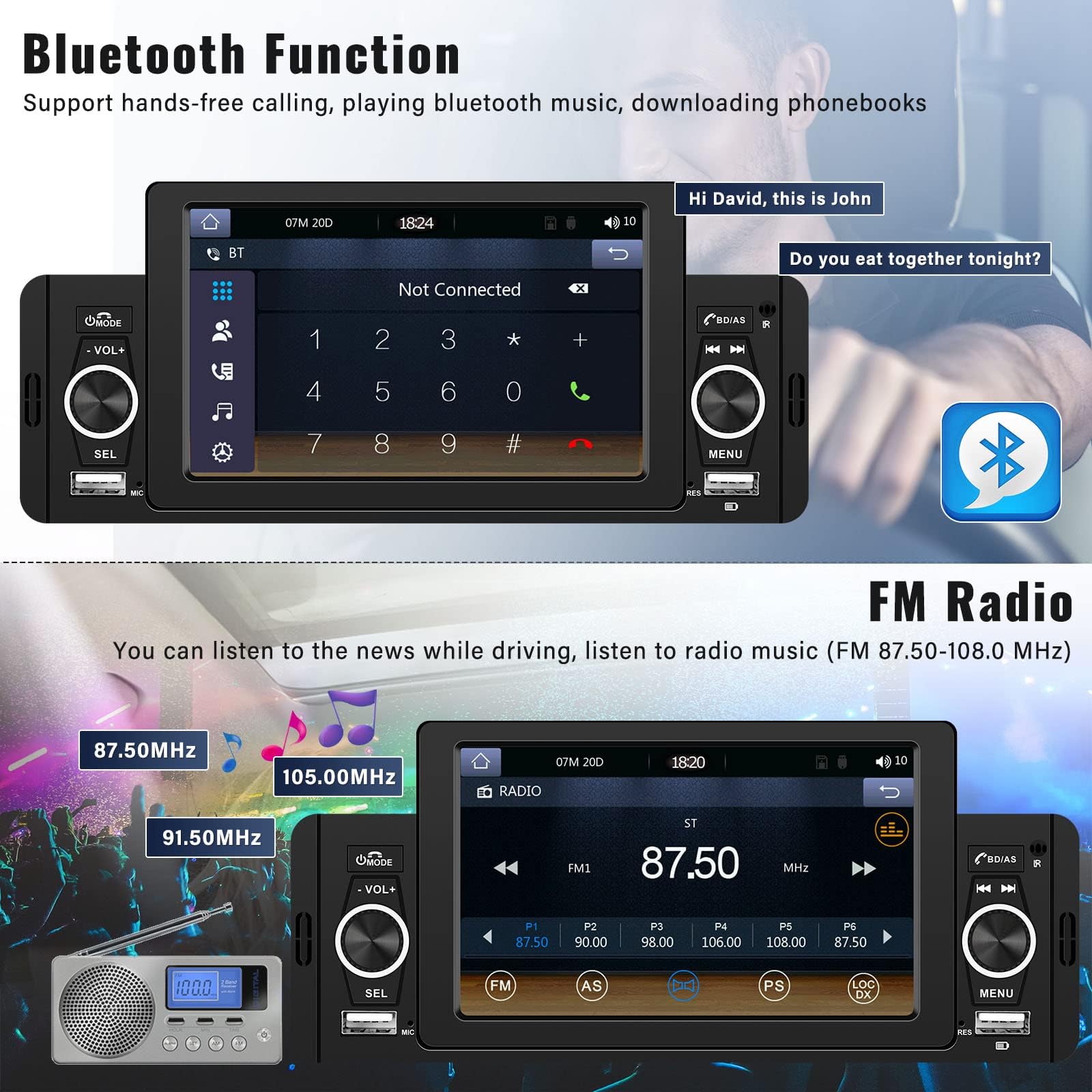 Single Din Car Stereo with Apple CarPlay Android Auto Voice Control 5 Inch Touchscreen Bluetooth Car Radio Mirror Link FM Radio EQ Dual USB Fast Charge SWC + Backup Camera, Mic, Remote Control