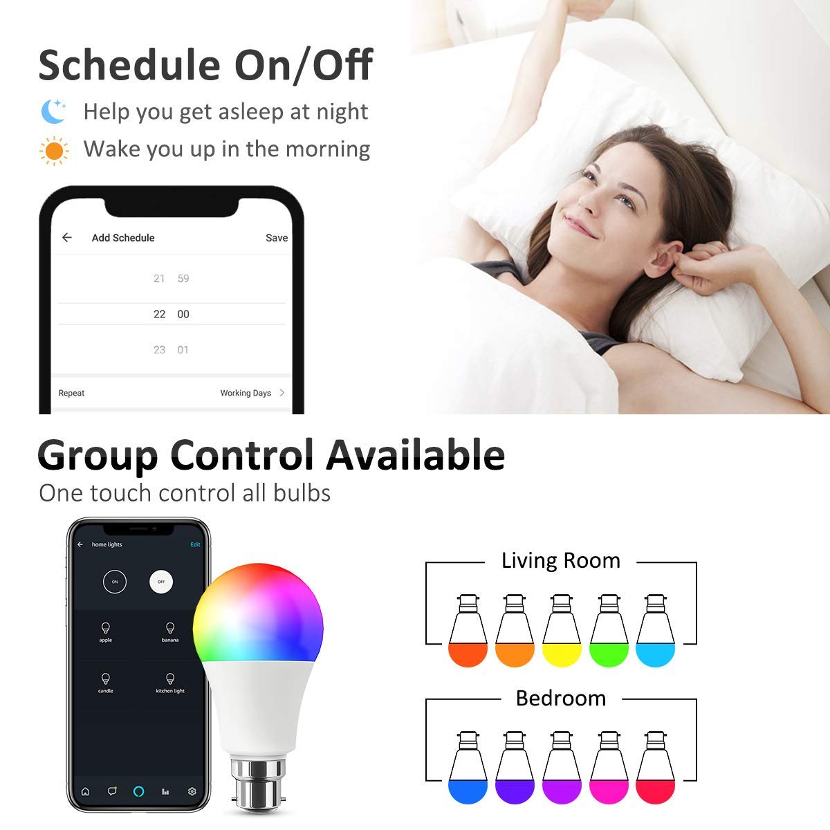 Smart LED Light Bulb, Alexa Light Bulb Color Changing, Soft White (2700K), Multicolored Bulb RGBW A19 9W, E26 Bulb No Hub Required,Compatible with Alexa Google Home, 2 Pack