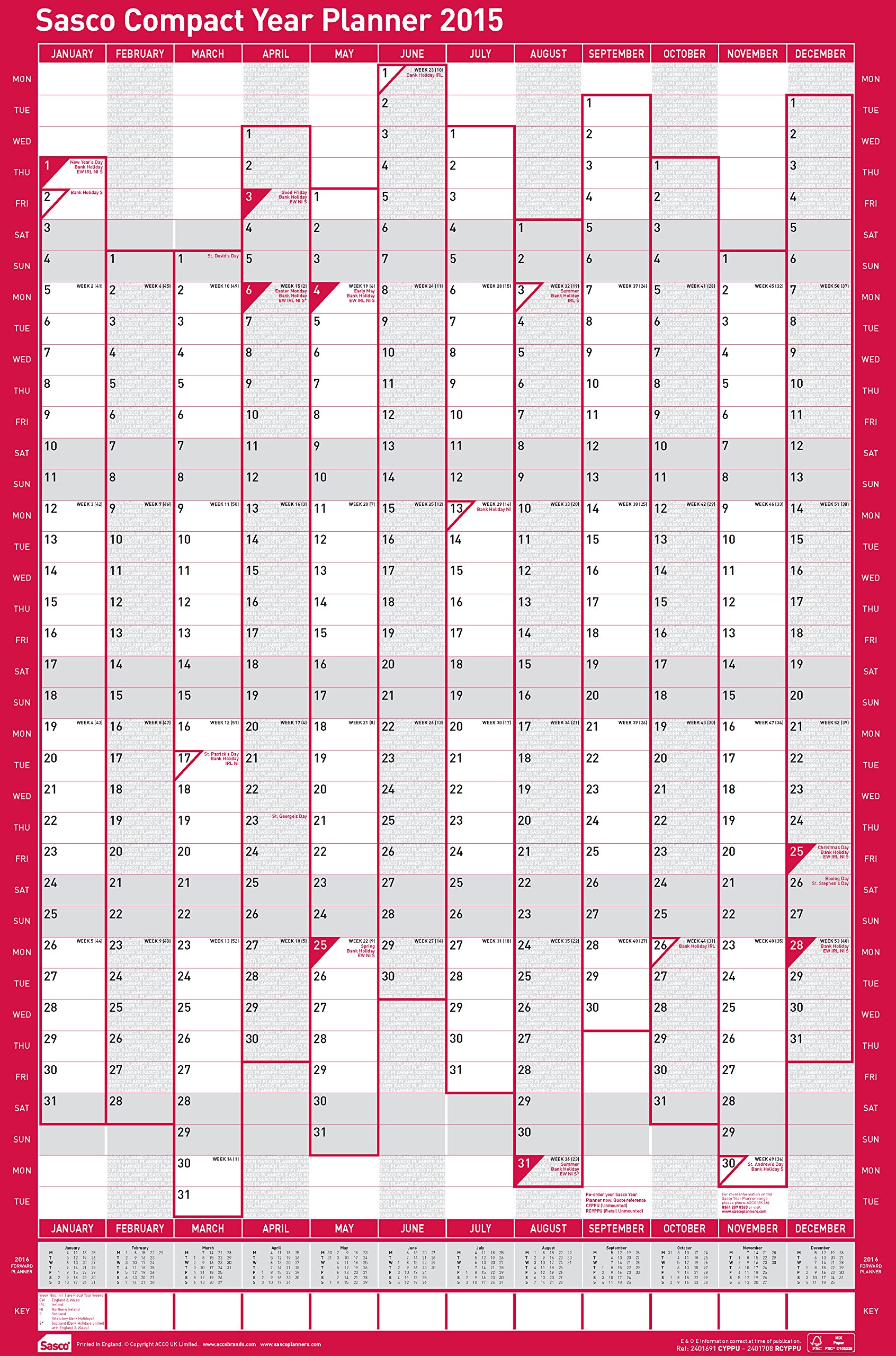 Sasco Compact Year Planner Kit 2015 (W610mm x H405mm)