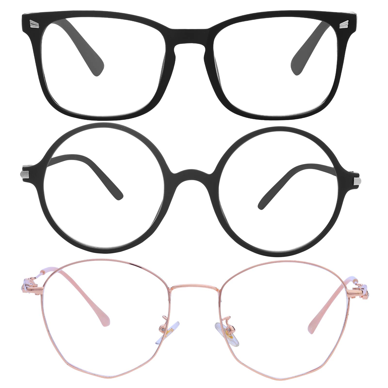 ViewFeast Blue Light Blocking Glasses, 3 Pack Reading Glasses, Three Styles For Square Oval Eyeglasses Frame, Anti Blue Ray Computer Game Glasses Anti Eyestrain UV For Women Men