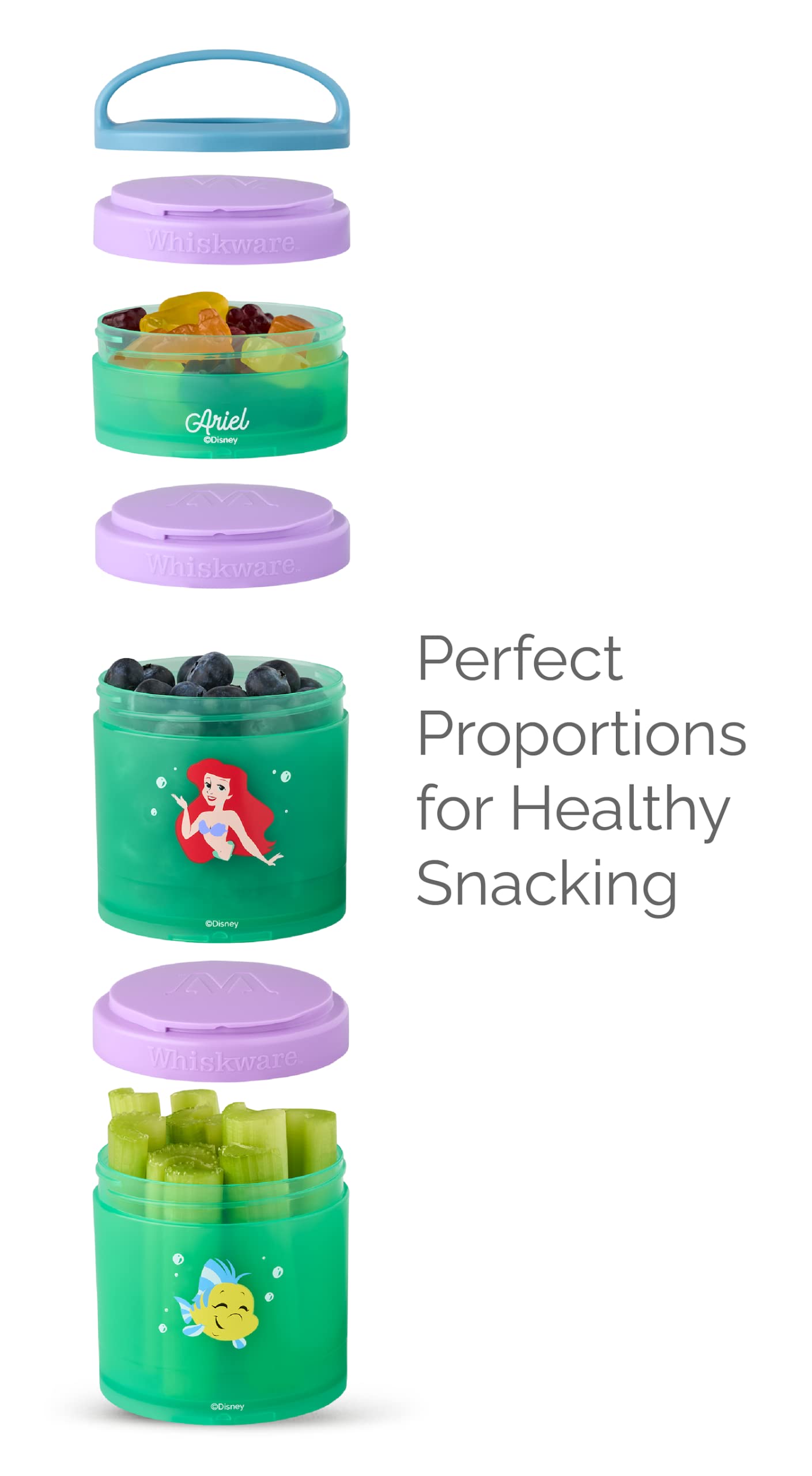 Whiskware Disney Princess Stackable Snack Containers for Kids and Toddlers, 3 Stackable Snack Cups for School and Travel, Mulan and Cri-Kee
