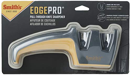 Smith's 50090 Pull-Thru Knife Sharpener - Grey - Coarse & Fine Sharpeners - Non-Slip Rubber Base β Straight & Serrated Blades β Pocket, Hunting, Sport Knives