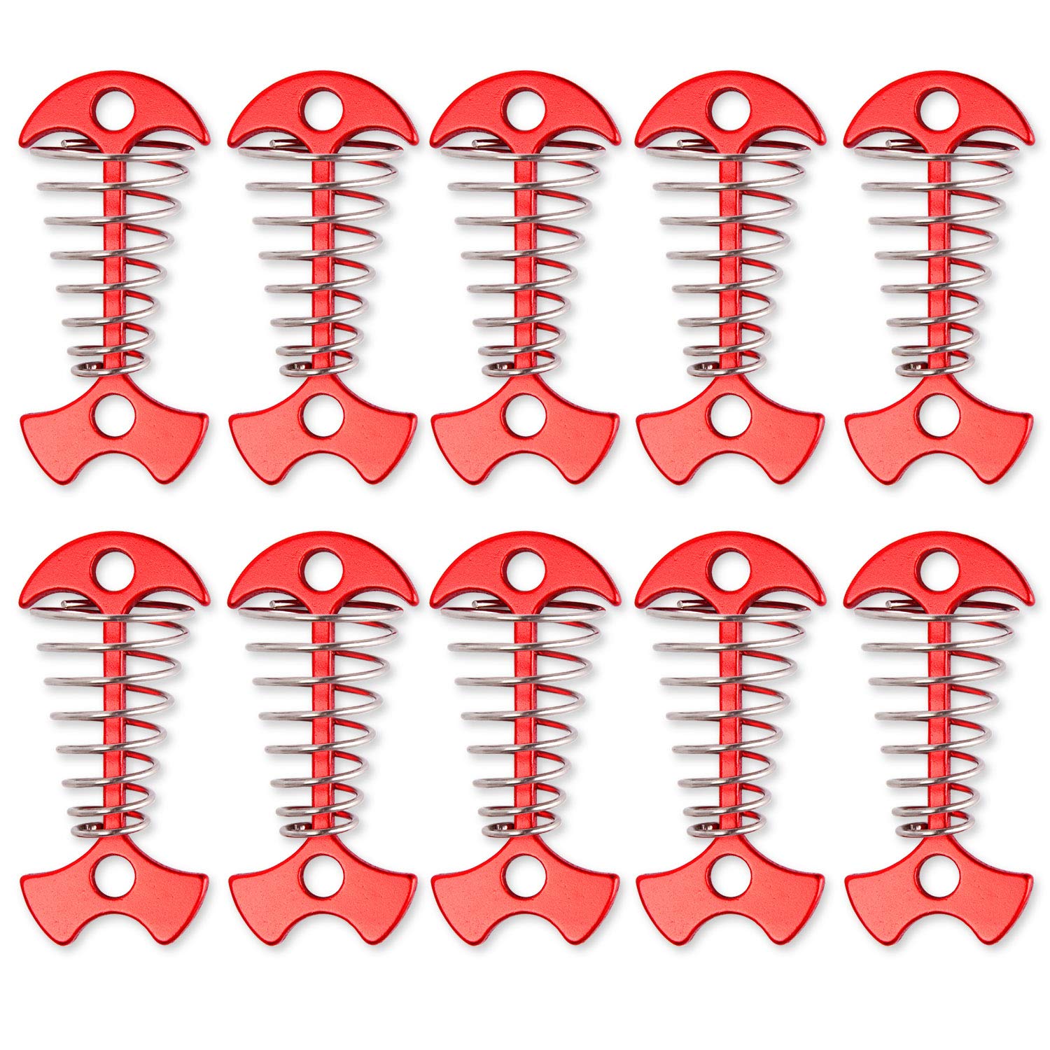 TOBWOLF 10PCS Deck Anchor Pegs, Windproof Aluminium Alloy Fishbone Tent Stakes with Spring Buckle, Portable Wind Rope Anchor, Camping Tent Nail