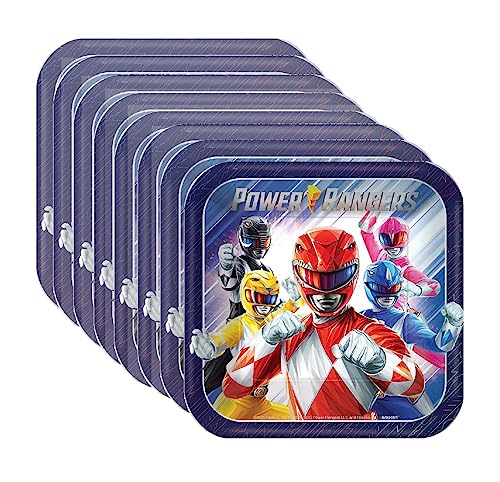 Power Rangers Birthday Party Supplies Bundle includes 16 Dessert Cake Paper Plates and 1 Dinosaur Sticker Sheet