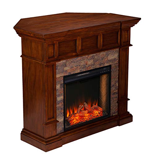 SEI Furniture Merrimack Faux Stone Convertible Alexa-Enabled Electric Corner Fireplace, Buckeye Oak