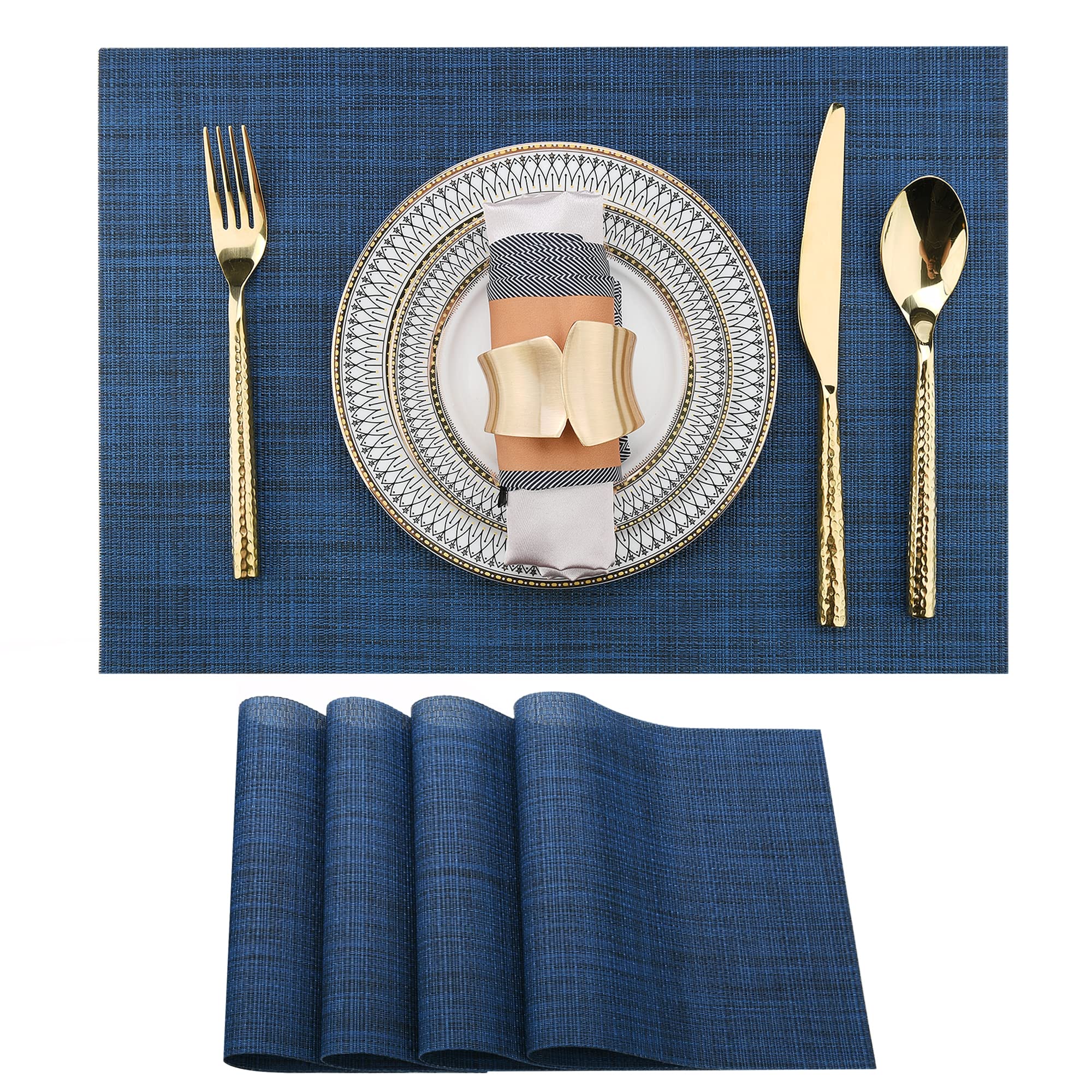 SLKQG Navy Blue Placemats Set of 4 - Easy Clean Washable Vinyl Placemats - Wipeable Heat Resistant Table Mats for Dining Table - 17x12 Inch (Navy Blue, 4)