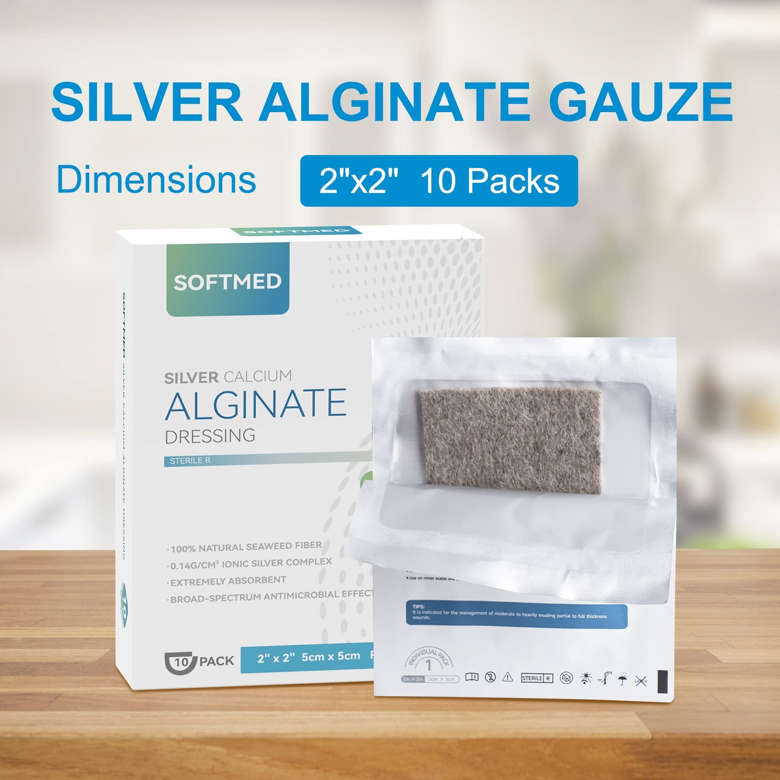 Silver Calcium Alginate Wound Dressing Sterile, 2" x 2", 10 Individual Pack, High Absorbent Calcium Algnate Fibers, Gentle to Skin and Fast Healing