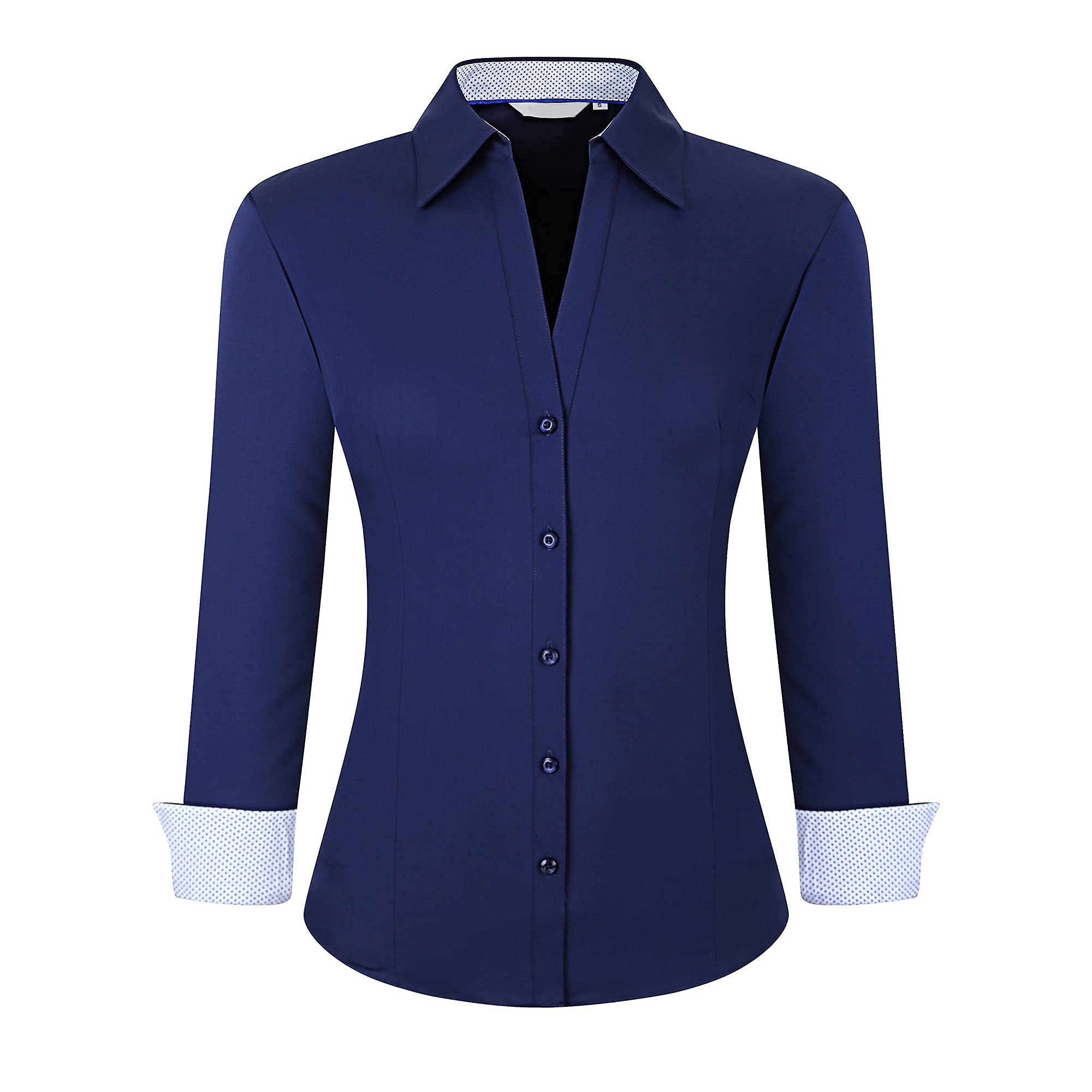 WARHORSEE Womens Button Down Shirt Long Sleeve Work Dress Shirts, V Neck Easy Care Stretchy Business Casual Blouses for Women(Navy,XXL)