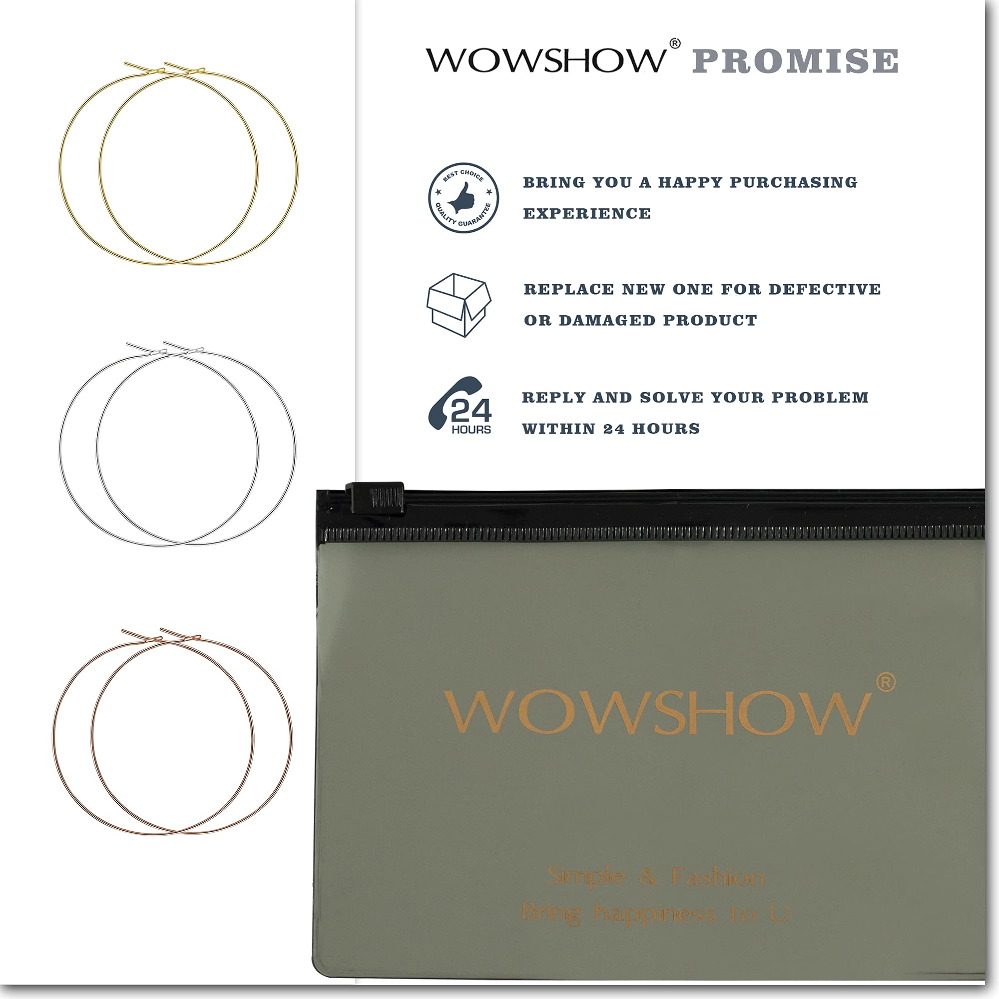 wowshow Thin Hoop Earrings Lightweight Round Threader Earrings for Women 50mm 3 Colors Set