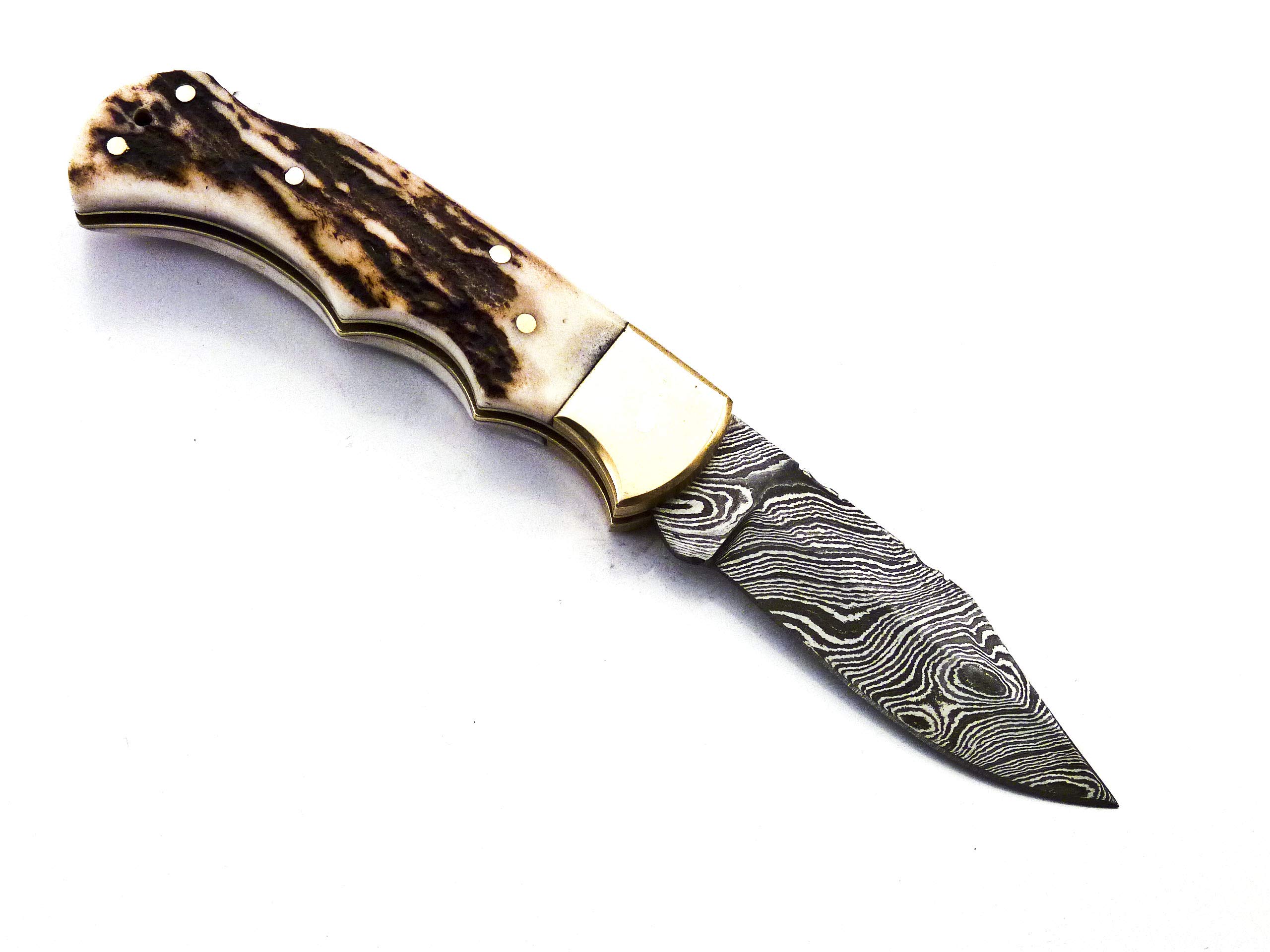 Skokie Knives Custom Hand Made Damascus Steel Hunting Pocket Folding Knife With Handle Stag Antler (S.F)