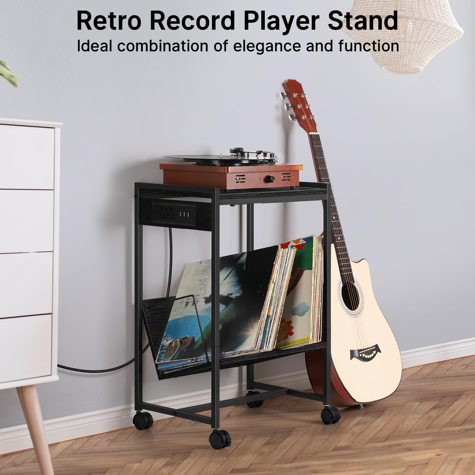Record Player Stand with Charging Station, 2 Tier Record Player Table with 3 Quick-Release Divider, Vinyl Record Stand Storage with 4 Wheels, Turntable Stand for Bedroom Living Room and Office(Rustic Brown)