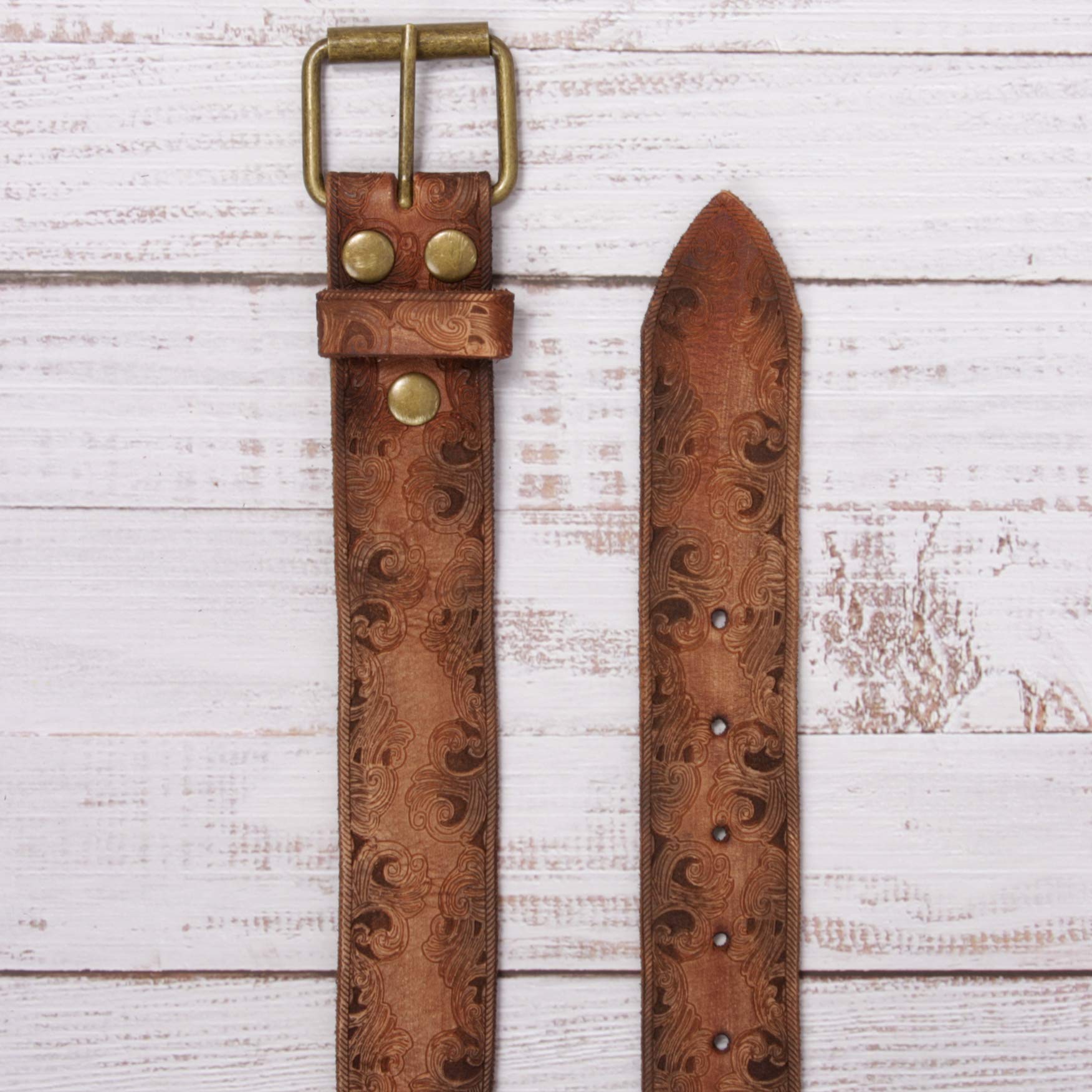 Snap On Soft Hand Floral Embossed Vintage Cowhide Full Grain Leather Casual Belt, Tan | 34