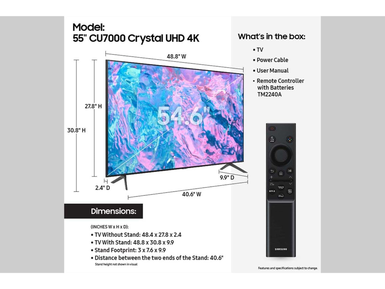 Samsung Crystal CU7000D UN55CU7000D 54.6" Smart LED-LCD TV 2023-4K UHDTV - Titan Gray