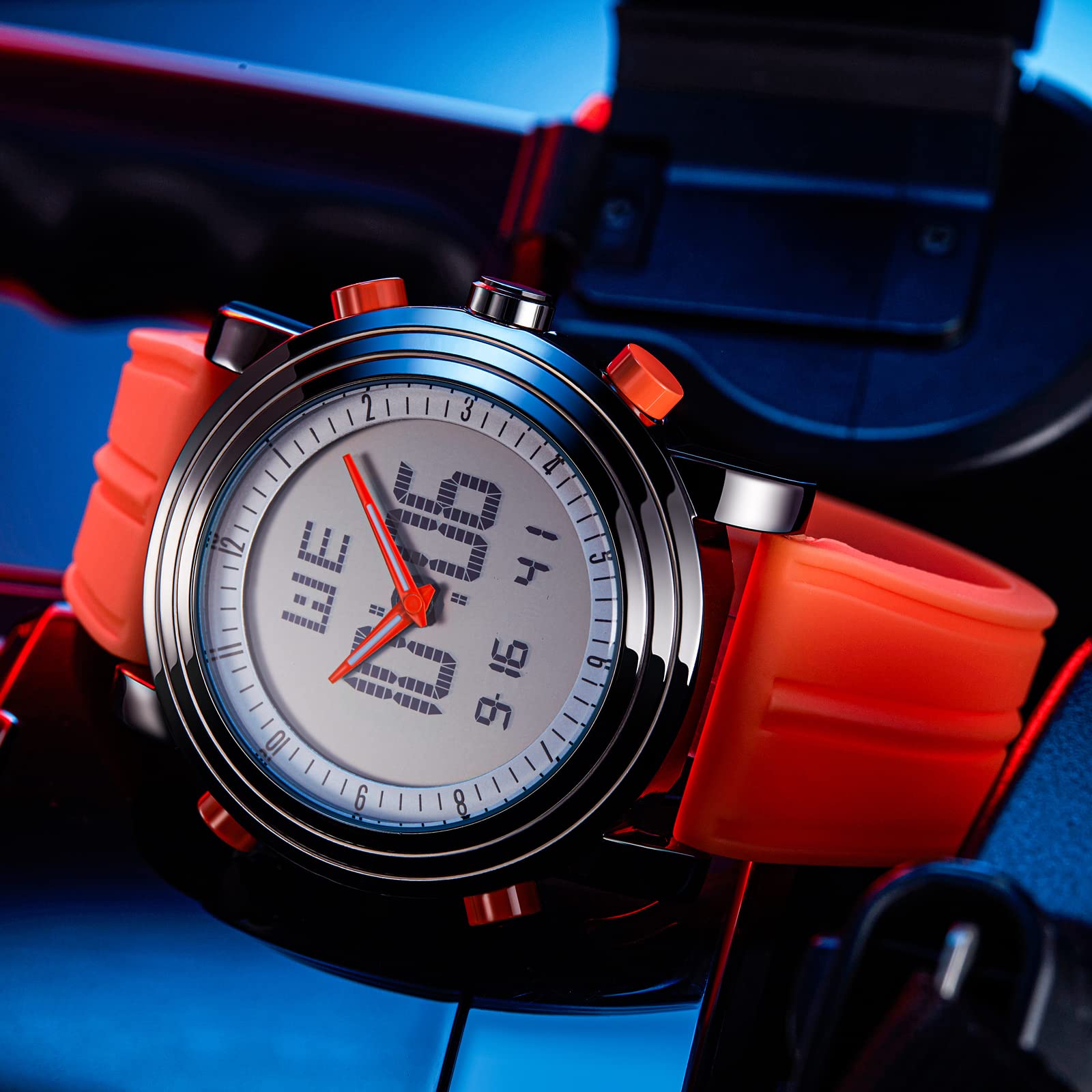SINOBI Digital Watch Big Case Men Women Sport Watches Luminous Dual Time Display Hour Orange Rubber Strap