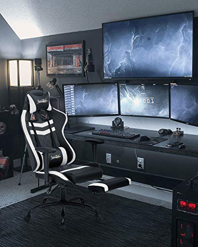 PC Gaming Chair Ergonomic Office Chair Racing Computer Chair with Lumbar Support Headrest 2D Armrest Footrest Task Rolling Swivel Ergonomic E-Sports Adjustable Desk Chair for Men Gamer(White)