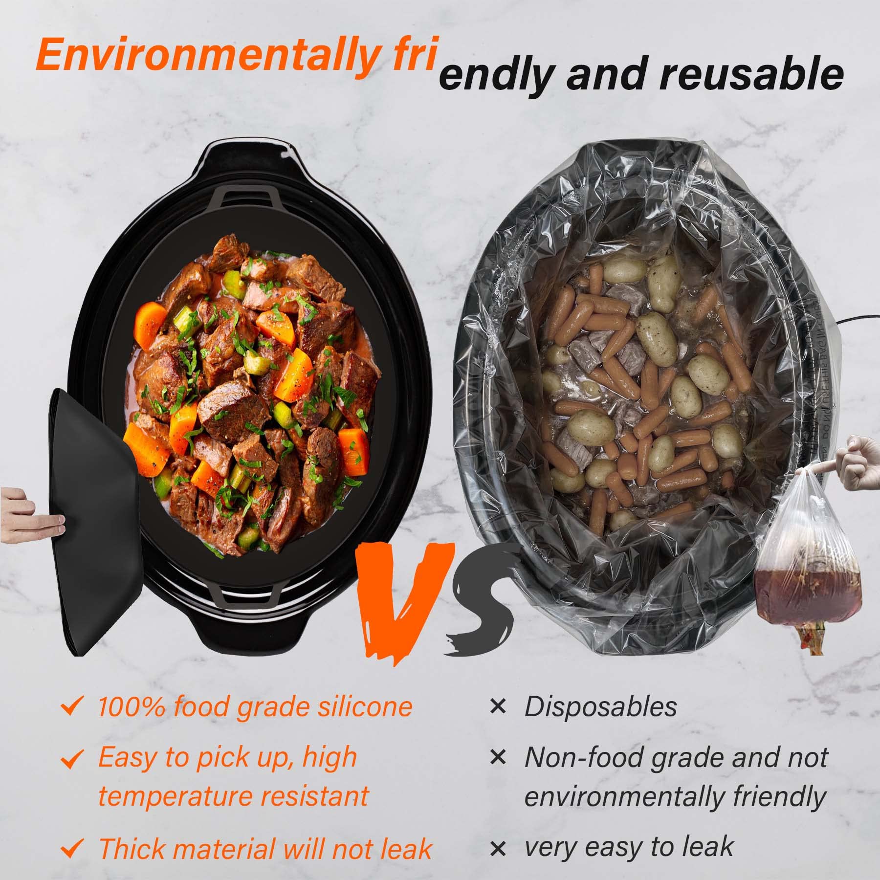 Slow Cooker Liners fit Crock-Pot 7-8 Quart Oval Slow Cooker, Reusable & Leakproof Dishwasher Safe Cooking Liner with Double Handle of Slow Cooker Liners fits 7-8QT Crock Pot