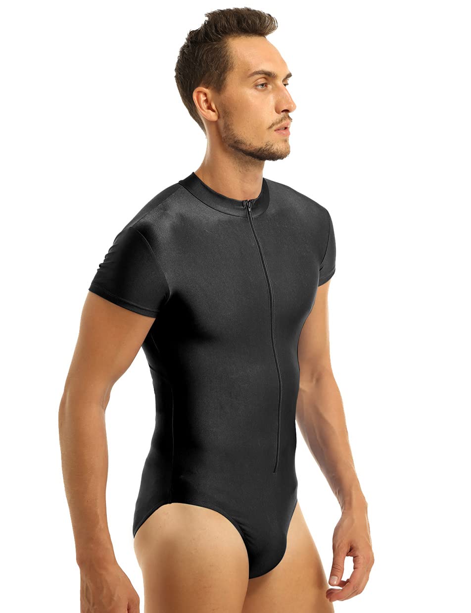 Yeeye Men's One Piece Zipper Front Leotard Bodysuit Wrestling Singlet Romper Gymnastics Dance Jumpsuit Black Medium