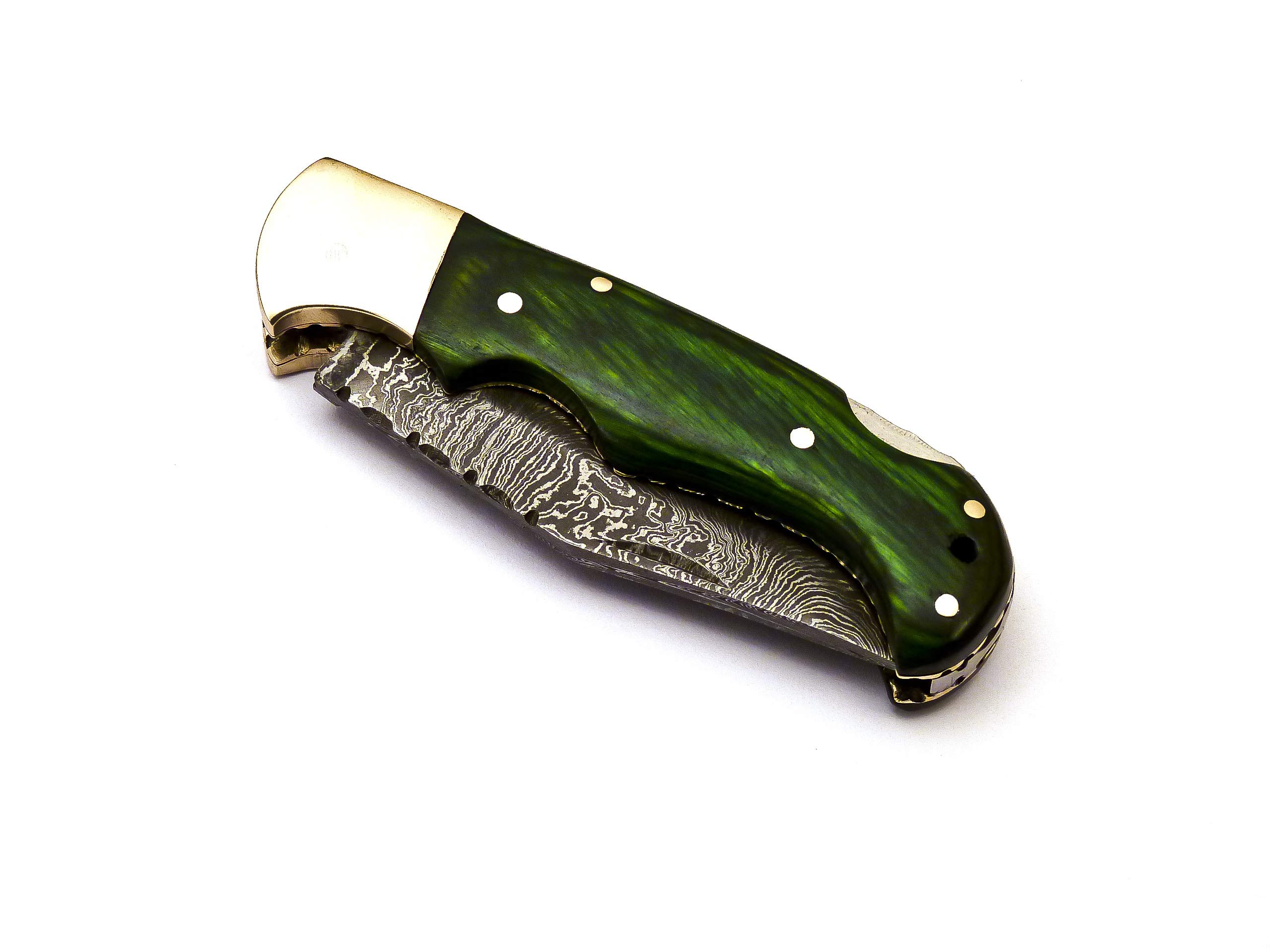 SkokieKnives Custom Hand Made Damascus Steel Hunting Folding Pocket Knife Handle Green Pakka Wood G