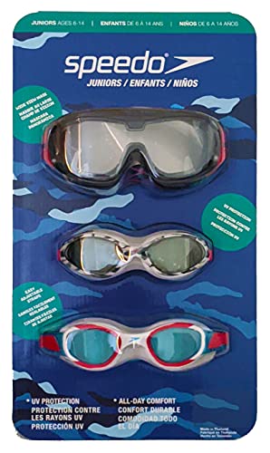 Speedo 3 Pack Junior Swimming Goggles Ages 6-14 UV Protection Latex Free (White/Black/White)
