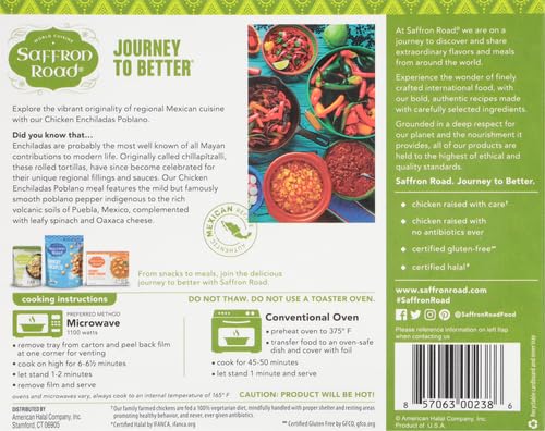 Saffron Road Chicken Enchiladas Poblano with Black Beans and Rice Frozen Dinner, 10oz - Antibiotic Free, Gluten Free, Halal