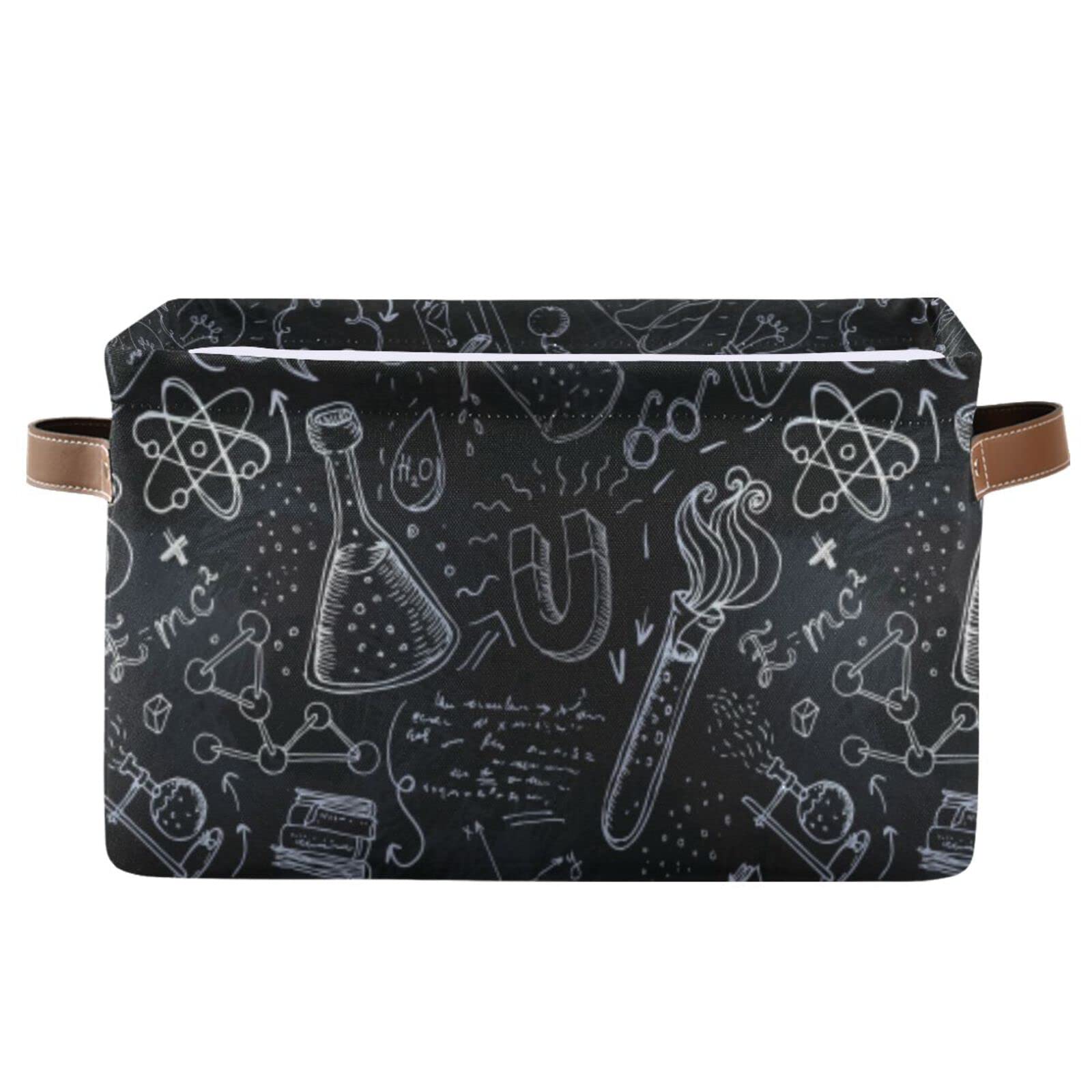 White Science Lab Objects Doodles on Chalkboard 1 PC Rectangle Storage Basket Collapsible Fabric with Leather Handles Bag Organizer Clothes for Home Bedroom 15 x 11 x 9.5 in