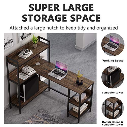 Umekesa L Shaped Desk with Hutch and Storage, 55" Large Corner Computer Office Desk with Shelves Bookshelf Study Writing Table PC Gaming Desk Workstation for Home Office, Rustic Walnut