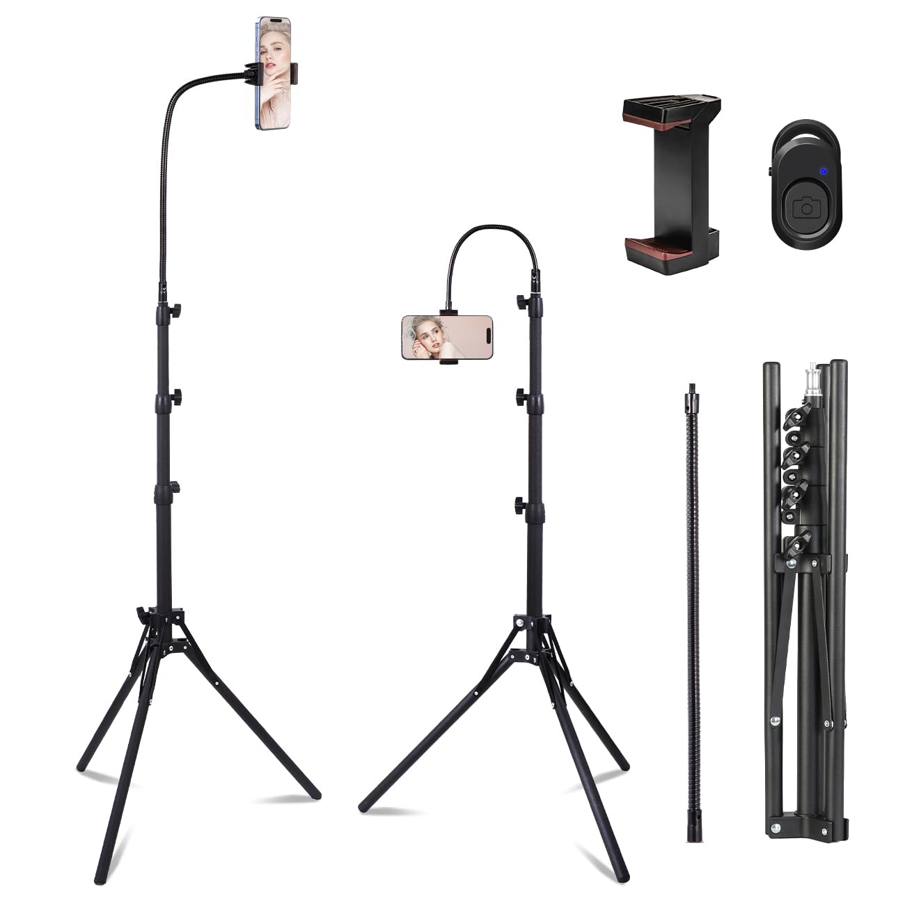 Phone Floor Tripod Stand, Lusweimi 81" Tall Cell Phone Tripod, Overhead 360°Adjustable Gooseneck Tripod with Phone Holder, Compatible with iPhone 15 Pro Max/Plus/14/13/12 for Video Recording