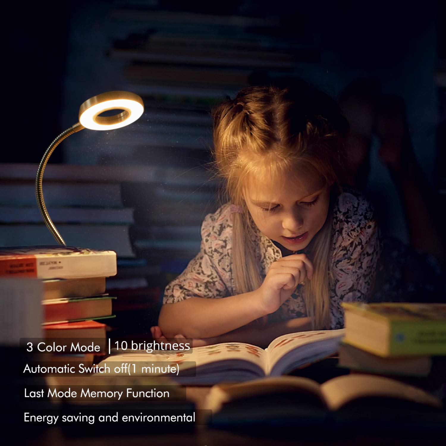 Semlos LED Reading Lights, Desk Lamp USB, Clamp Lamp for Bed Headboard Tables, 3 Lighting Modes 10 Brightness Levels, Clip Gooseneck Lamp, Memory Function, Auto Off(Silver, 8W)