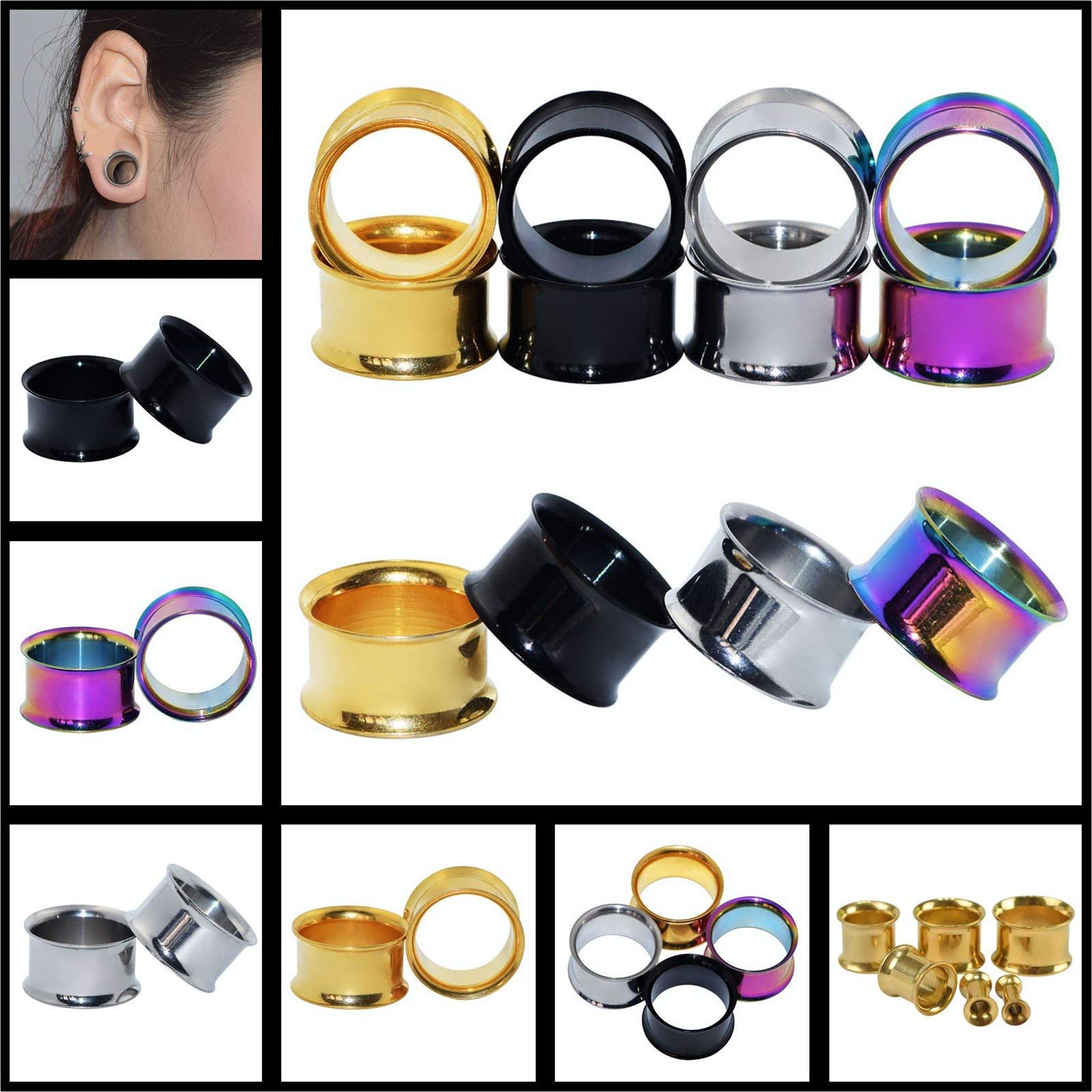 Qmcandy 4 Pairs Stainless Steel Double Twin Flare Flesh Tunnel Ear Plug Gauges 5/8 inch
