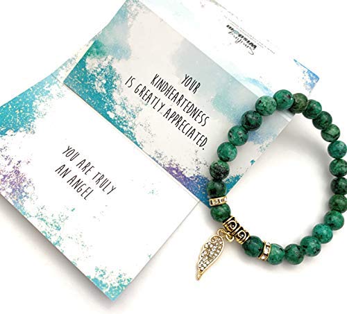 Smiling Wisdom - Angel Wing Appreciation Kindhearted Thank You Keepsake Greeting Card and Stretch Stone Bracelet - Green Rain Flower Stones - 7.5 inches Medium