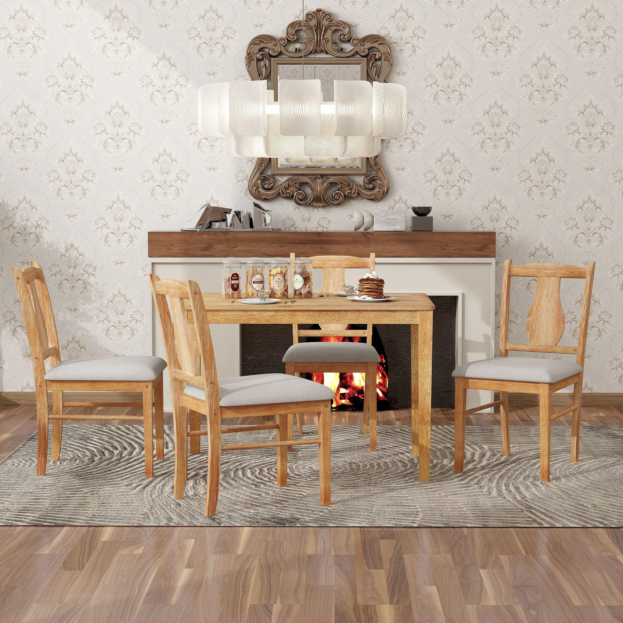 SIYSNKSI 5-Piece Farmhouse Kitchen Dining Table Set, Wooden Rectangular Dining Table with 4 Upholstered Chairs, Kitchen Furniture Set for Dining Room (Natural Wood 077)
