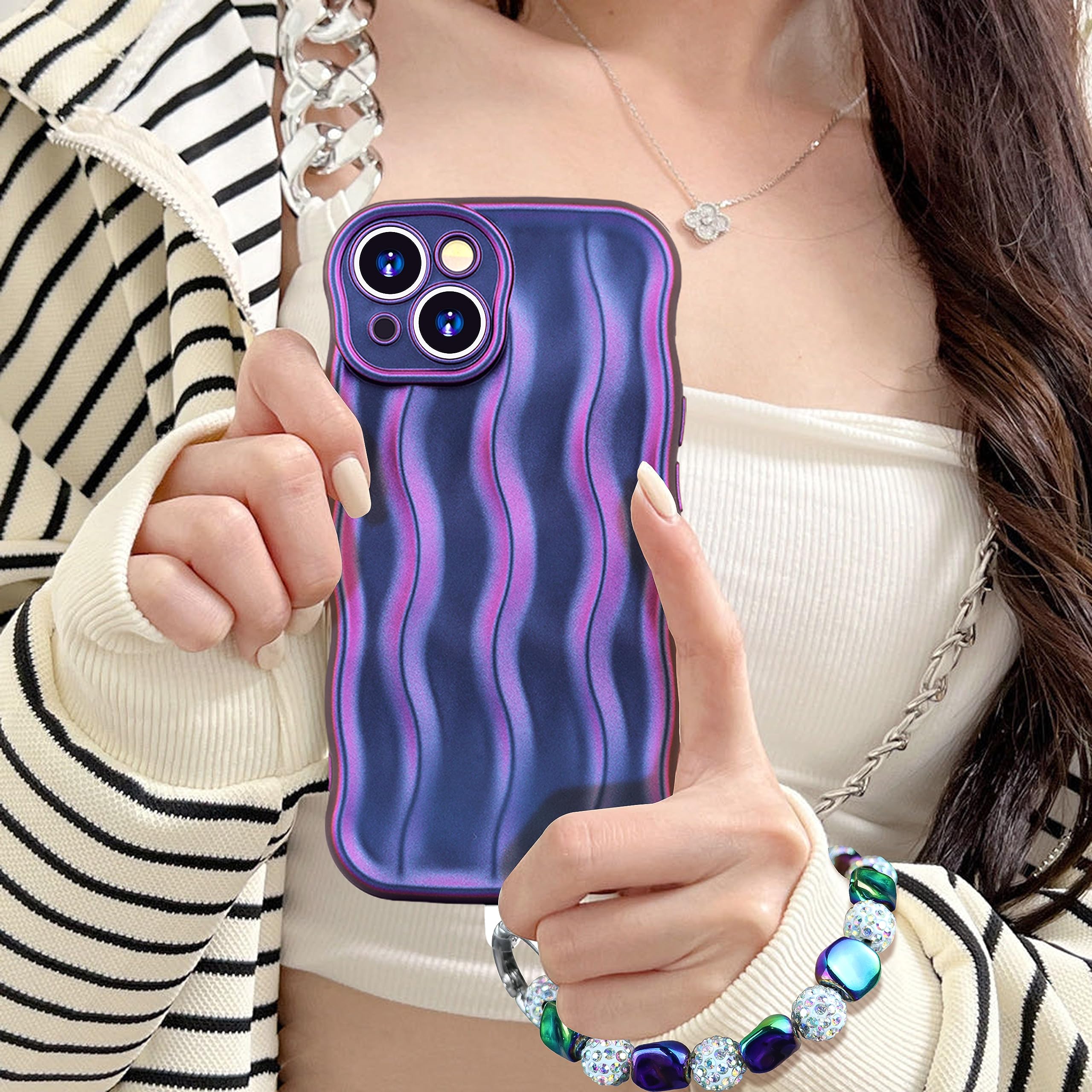 Ucharmbead Compatible with iPhone 14 Pro Phone Case with Phone Wrist Strap Cell Phone Chain Beaded Charms Lanyard Water Ripple Design Soft Cover for Women Purple