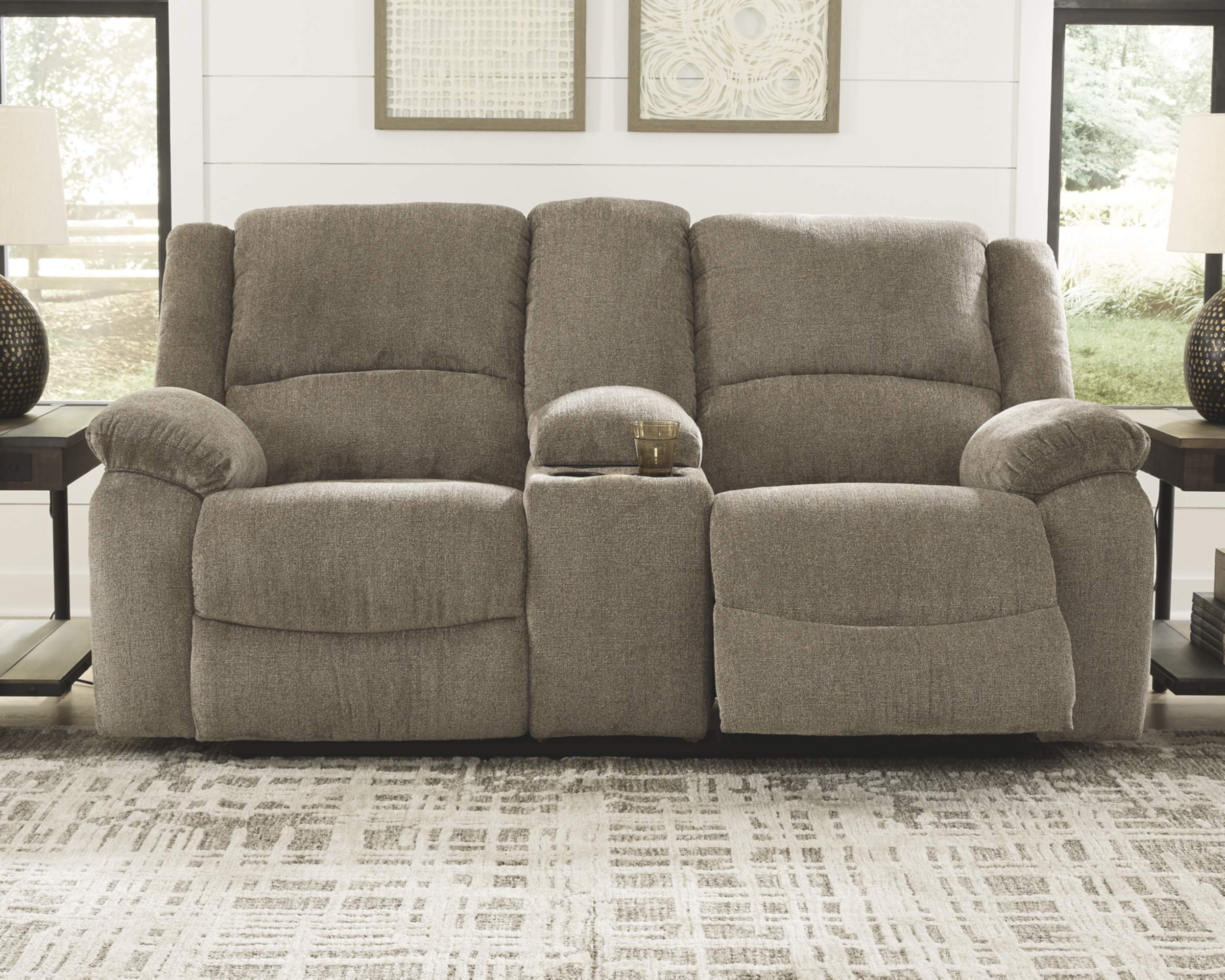 Signature Design by Ashley Draycoll Manual Double Reclining Loveseat with Center Console, Light Brown