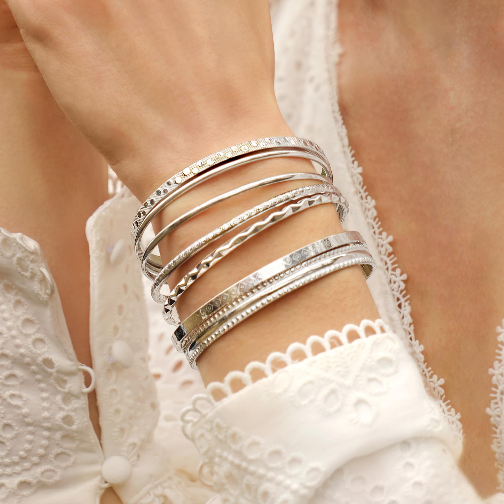 Ross-Simons Italian Sterling Silver Jewelry Set: 7 Assorted Textured Bangle Bracelets. 8.5 inches