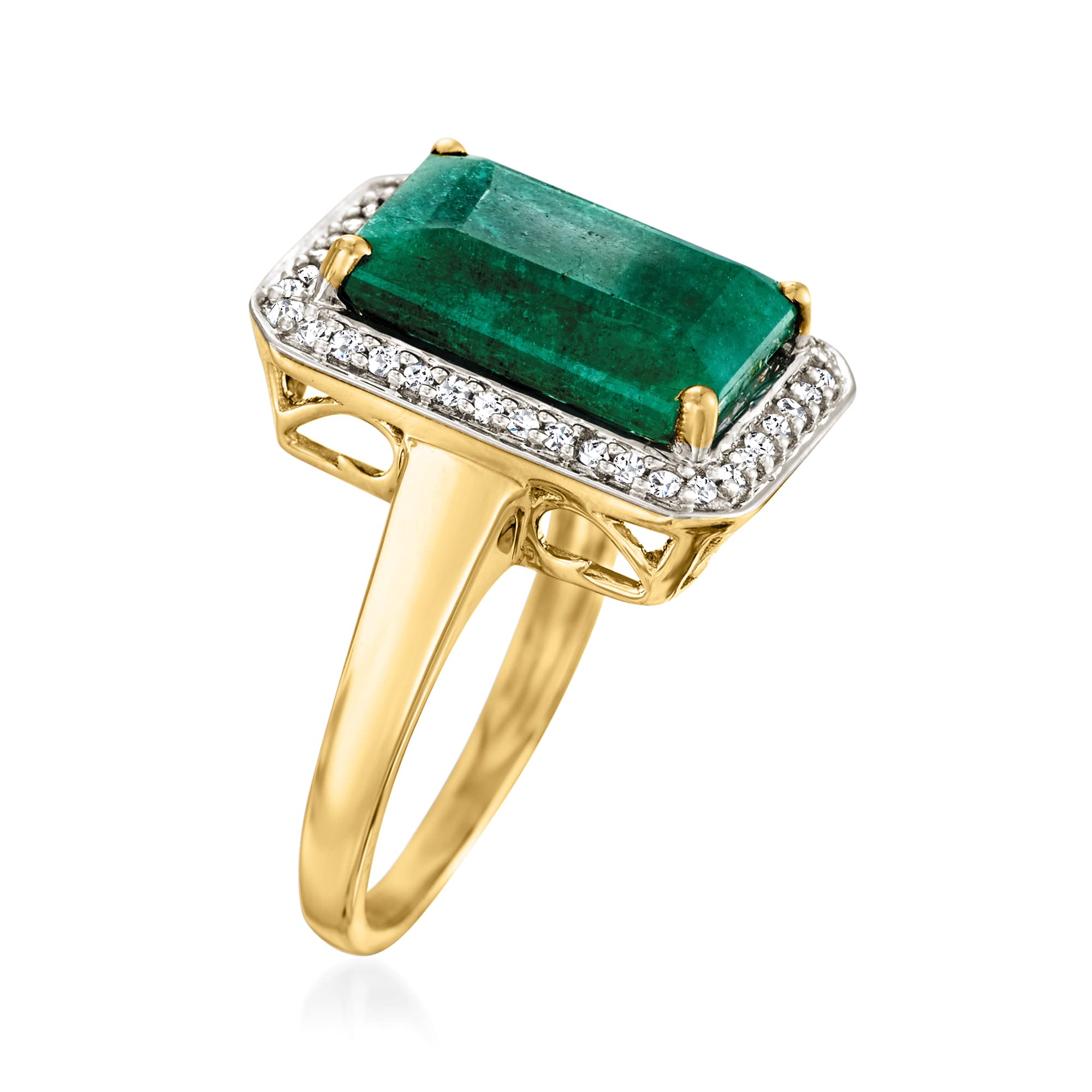 Ross-Simons 5.50 Carat Emerald and .20 ct. t.w. Diamond Ring in 14kt Yellow Gold. Size 5