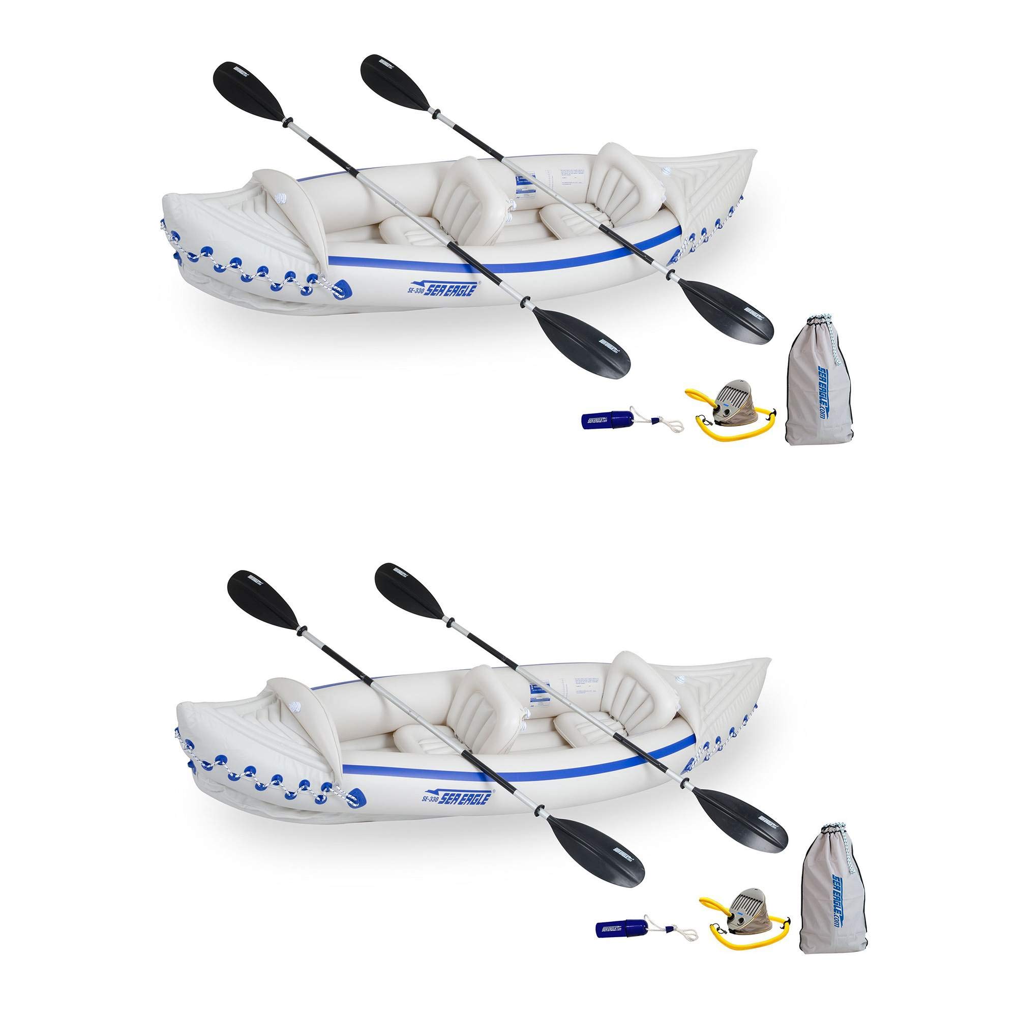 Sea Eagle 330 Deluxe 2 Person Inflatable Sport Kayak Boat & Pump/Oars (2 Pack)