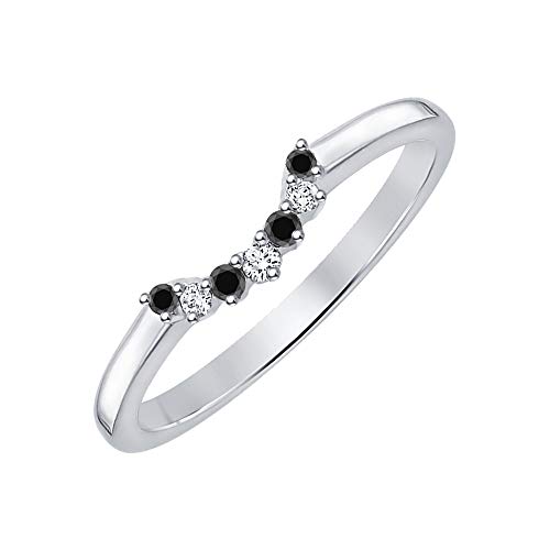tusakha Round Cut Black & White Diamond 14k White Gold Plated Curved Wedding Band Ring for Women