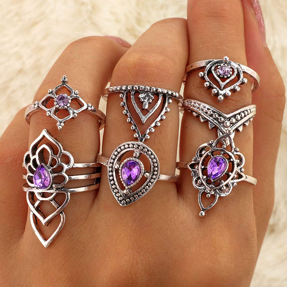 YERTTER Boho Gem Stacking Rings Set Gemstone Joint Knuckle Ring Set Vintage Mid Rings for Women and Girls (7pcs Purple)
