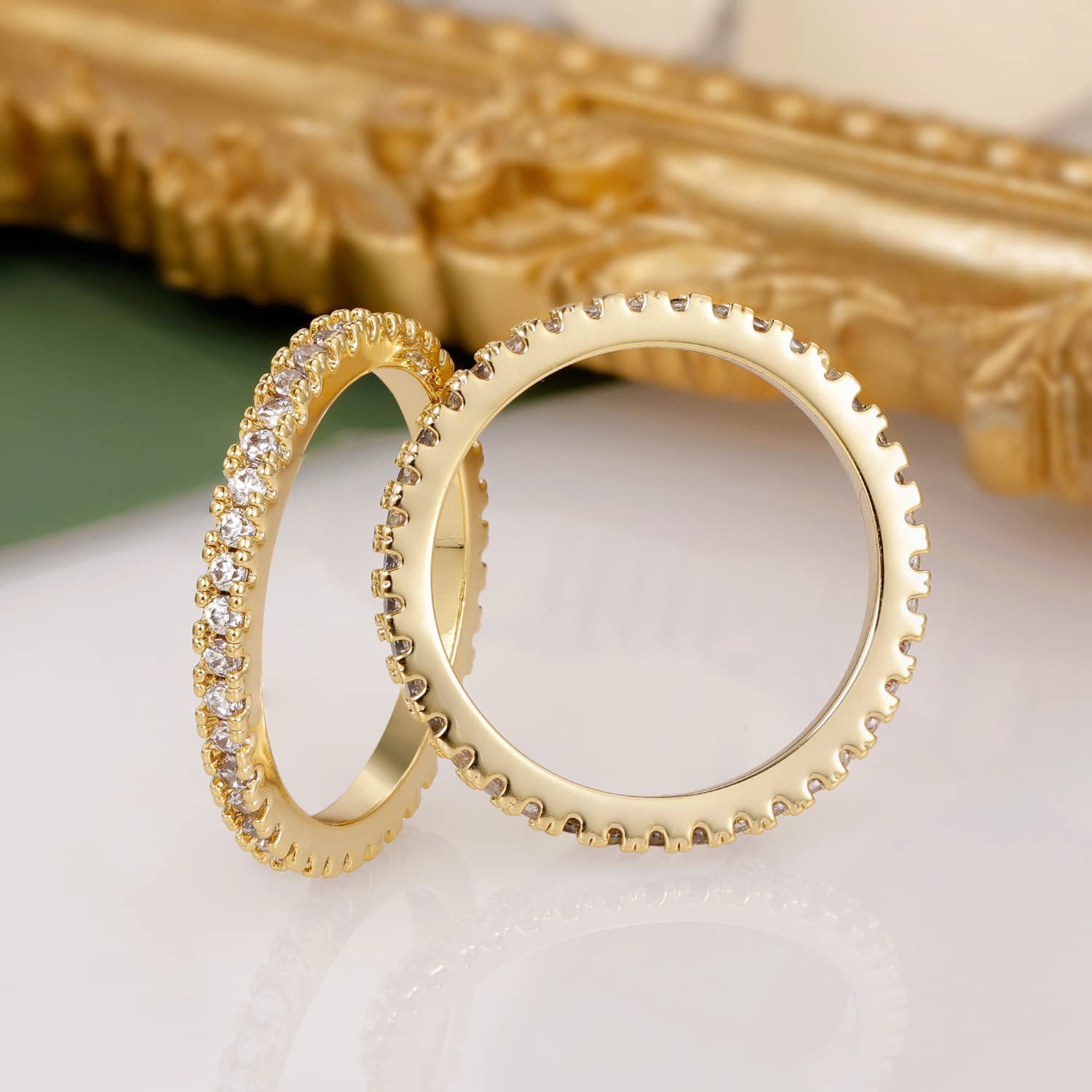 VOLUKA Eternity Band Rings Pack 18K Gold Plated Cubic Zirconia Stackable Ring Simulated Diamond Band for Women Men Engagement Promise Rings Size 7.5