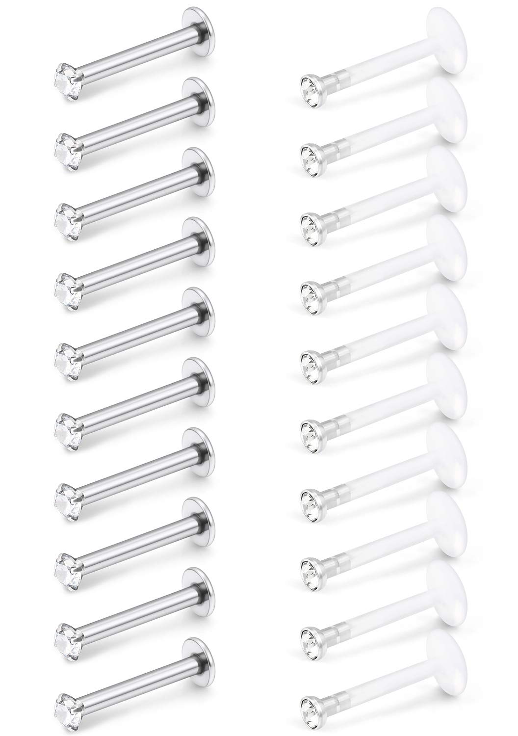 SCERRING 20PCS 16G 8mm Acrylic & Stainless Steel Labret Monroe Lip Ring Tragus Nail Helix Earring Stud Piercing Jewelry with 2mm 4-Prong-Setting Clear CZ