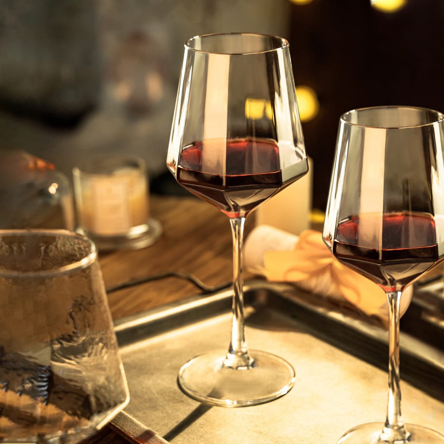 Ufrount Wine Glasses Set of 10,Clear Hexagon Shaped Wine Glass 15 Ounce,Red Wine Long Stem Glassware,Diamond Shaped Old Fashioned Stemware for Beverage,Home Bar