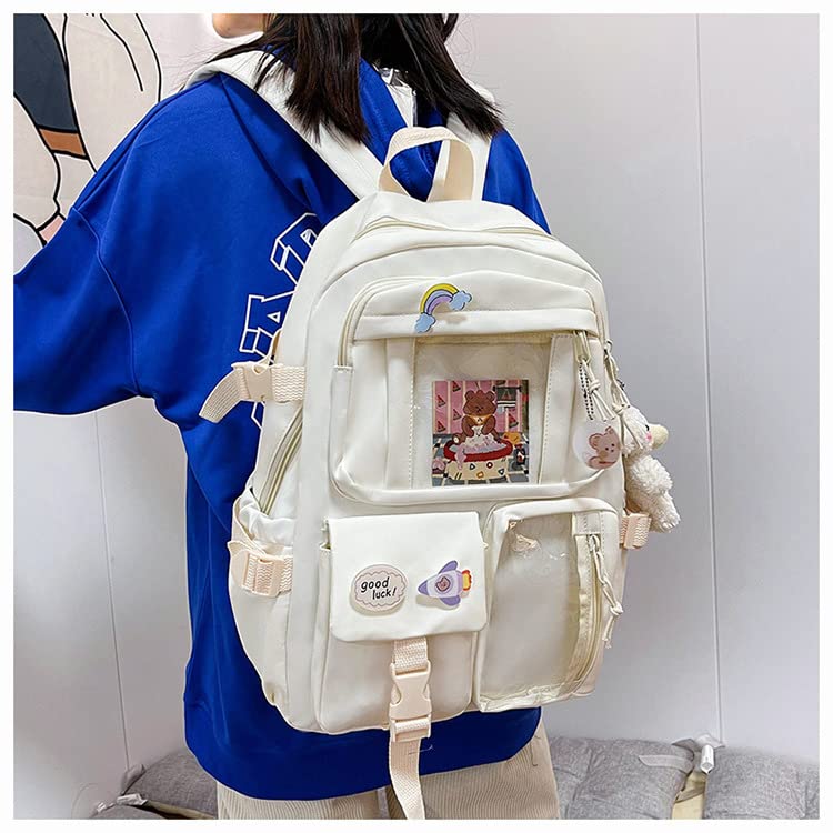 Votachin Kawaii Backpack Large Capacity Aesthetic Backpack Cute Casual Backpack with Decorative Pendant Kawaii Laptop Bag-beige