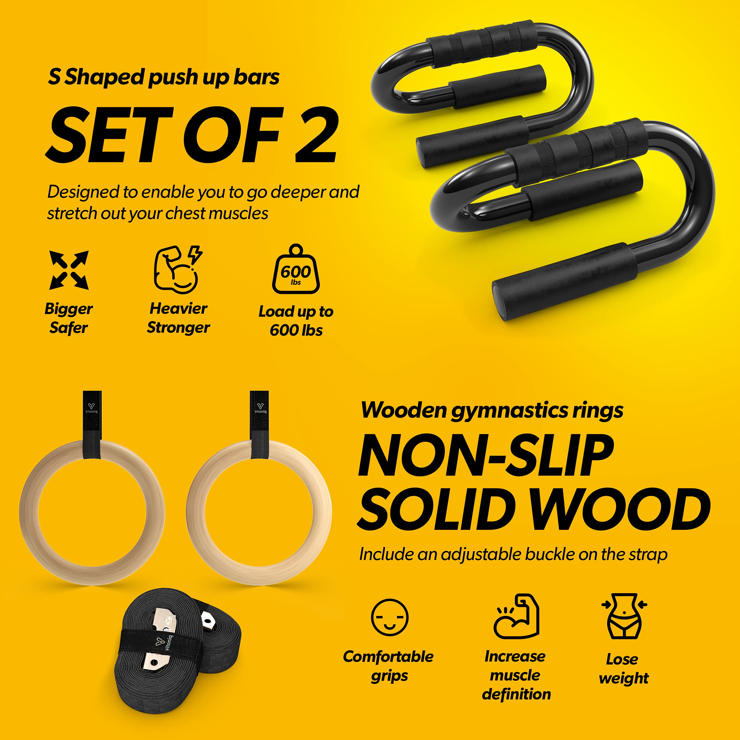 Vitoniq Premium Wood Gymnastics Rings and S-Shaped Push Up Bars Set β Strength Training & Calisthenics Equipment β Non-Slip Birch Wooden Rings, Adjustable Straps, Ergonomic Pushup Handles